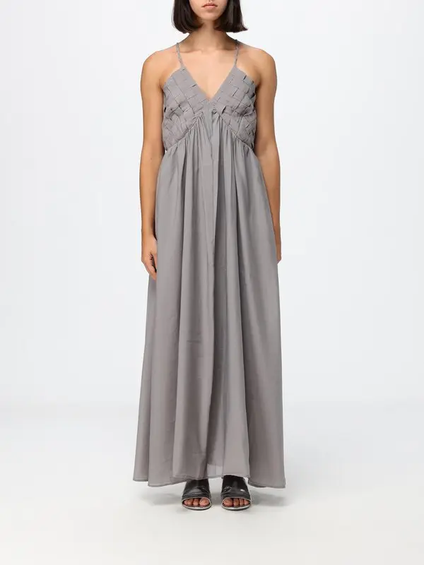ELEH Flared Long V-neck Dress In Viscose With Open Shoulders
