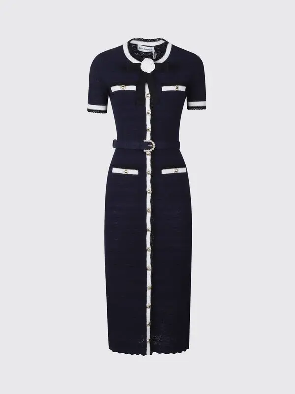 SELF-PORTRAIT Slim Fit Mini Knit Dress In Cotton Blend With Bow And Belt