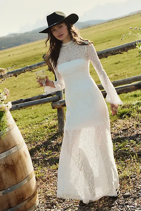 Bhldn Long-sleeve Lace Maxi Dress With Bell Sleeves - White