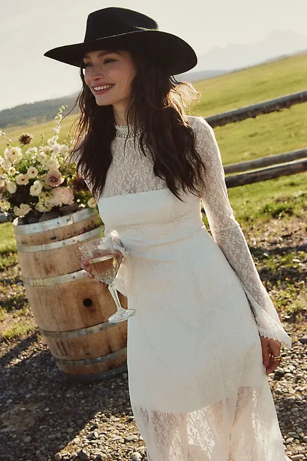 Bhldn Long-sleeve Lace Maxi Dress With Bell Sleeves