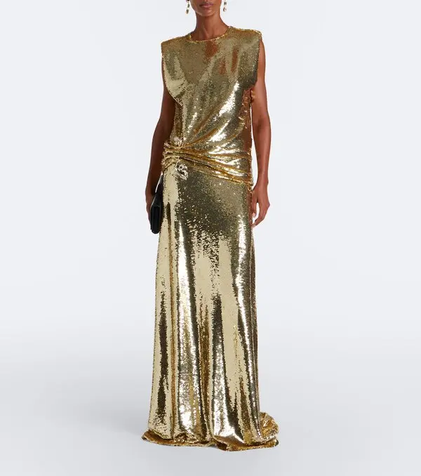 Monique Lhuillier Sequined Embellished Gathered Gown
