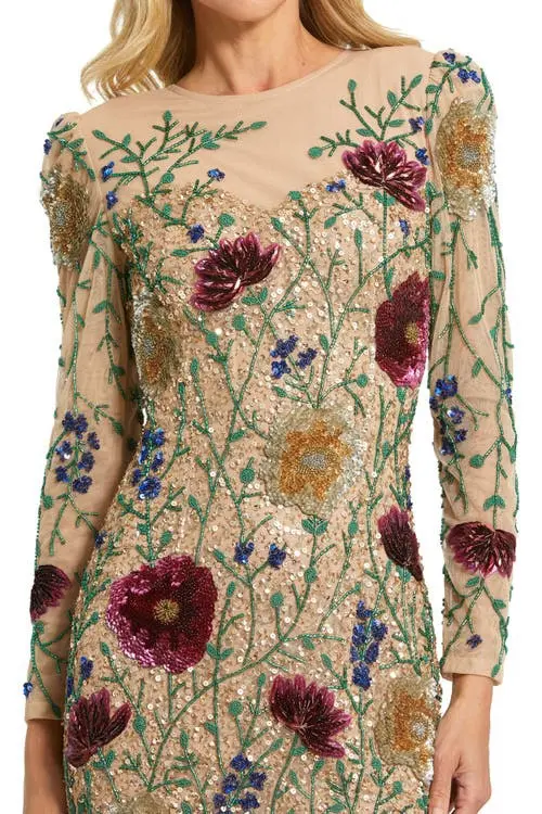 Mac Duggal Long Sleeve Sheer Bustier Floral Embroidered Dress