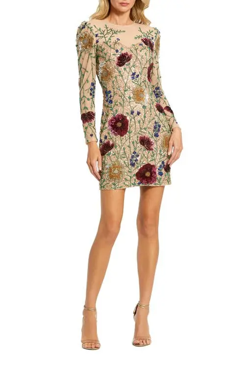Mac Duggal Long Sleeve Floral Embroidered Mini Dress - Nude Multi
