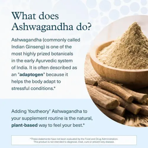 YOUTHEORY Ashwagandha Stress Relief Adaptogenic Supplement Capsules 60 Count