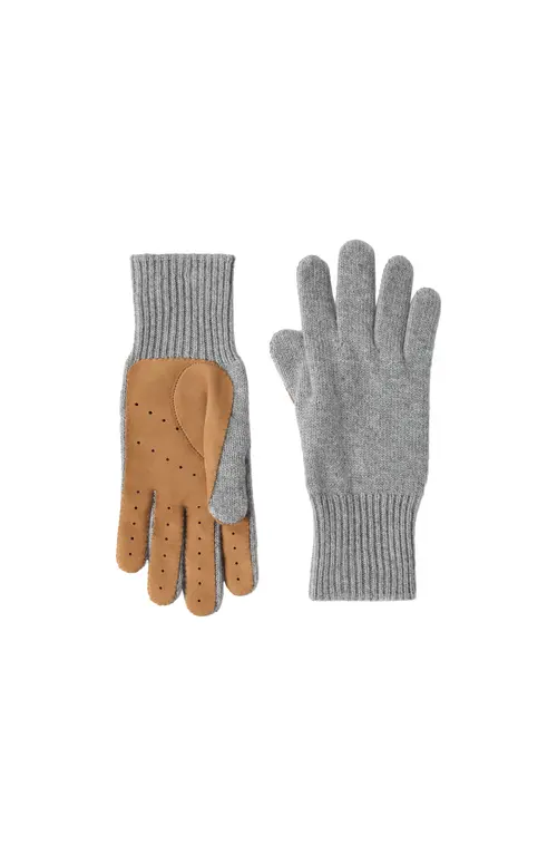 Brunello Cucinelli Cashmere Knit Gloves With Suede Palm - Light Grey