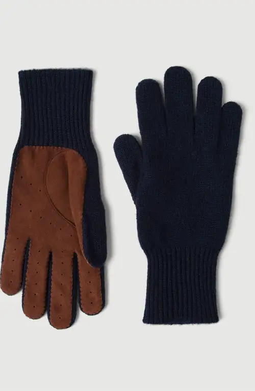 Brunello Cucinelli Cashmere Knit Gloves With Suede Palm - Navy Blue
