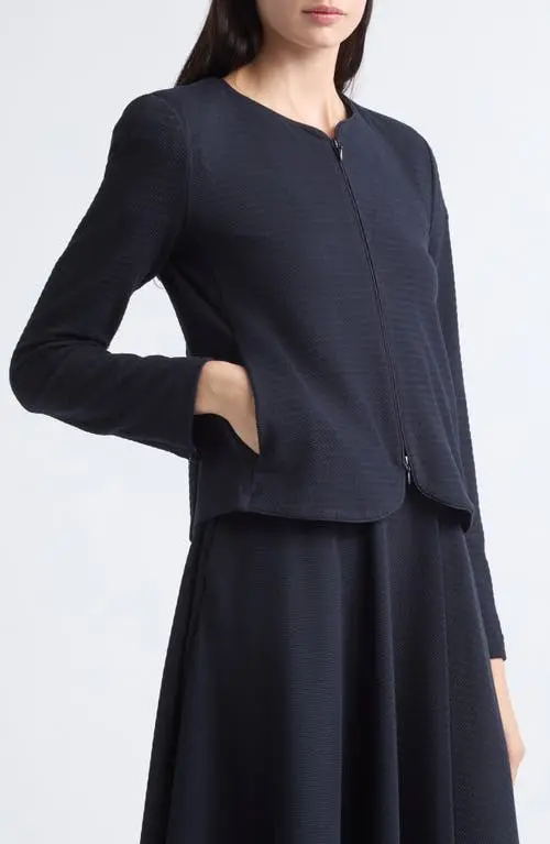 Emporio Armani Zip-front Collarless Textured Jacket - Navy