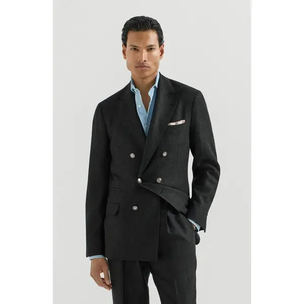 Brunello Cucinelli Mouliné Virgin Wool Twill One-and-a-half Breasted Deconstructed Blazer With Metal Buttons - Anthracite