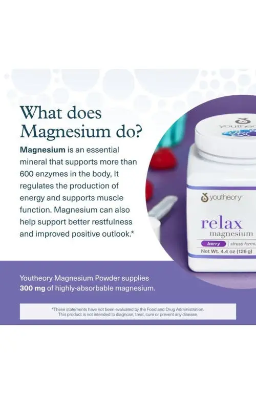 YOUTHEORY Relax Magnesium Powder Vegan Stress Relief Supplement 4.4 Oz