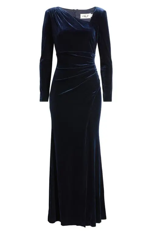 Eliza J Ruched Velvet Asymmetrical Neck Gown - Navy