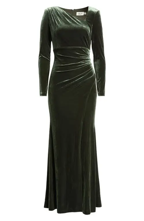 Eliza J Ruched Velvet Long Sleeve Gown - Olive