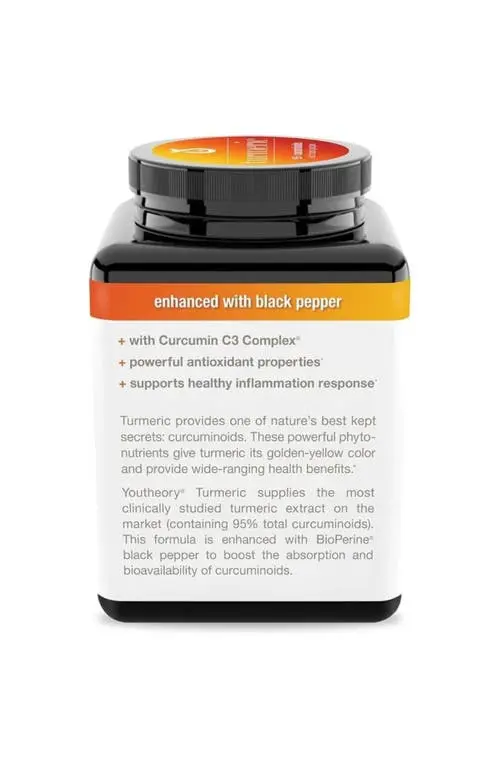 YOUTHEORY Extra Strength Turmeric Curcumin Supplement 1000 Mg 180 Vegetarian Capsules