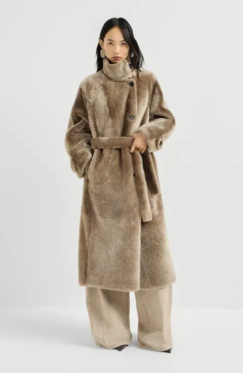 Brunello Cucinelli Shearling Coat With Belt And Monili
