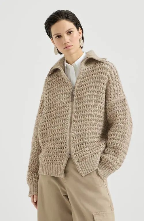 Brunello Cucinelli Virgin Wool And Cashmere Sequin Net Cardigan - Light Brown