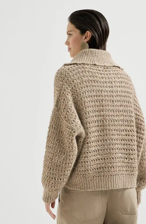 Brunello Cucinelli Virgin Wool And Cashmere Sequin Net Cardigan - Light Brown
