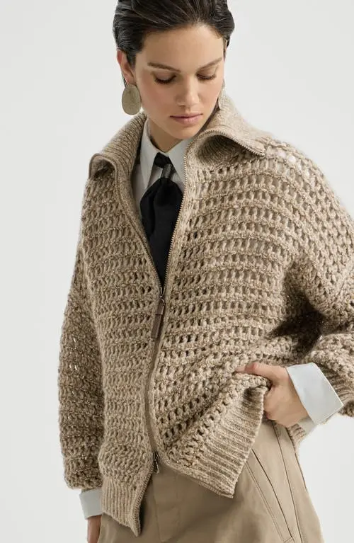 Brunello Cucinelli Virgin Wool And Cashmere Sequin Net Cardigan - Light Brown