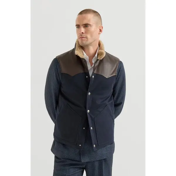 Brunello Cucinelli Bonded Wool Flannel Paneled Down Vest With Shearling Collar And Nappa Leather Inserts