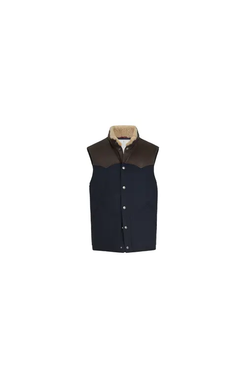 Brunello Cucinelli Bonded Wool Flannel Paneled Down Vest With Shearling Collar And Nappa Leather Inserts