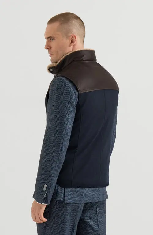 Brunello Cucinelli Bonded Wool Flannel Paneled Down Vest With Shearling Collar And Nappa Leather Inserts
