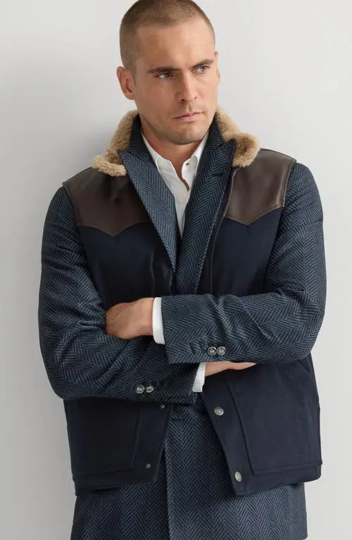 Brunello Cucinelli Bonded Wool Flannel Paneled Down Vest With Shearling Collar And Nappa Leather Inserts