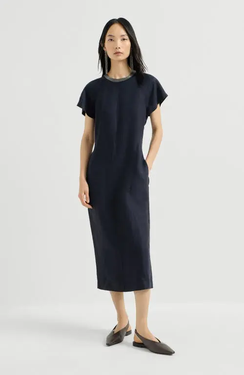 Brunello Cucinelli Viscose And Linen Fluid Twill Dress With Embellished Collar - Blue