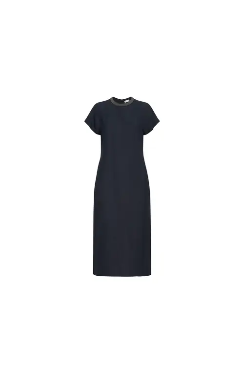 Brunello Cucinelli Viscose And Linen Fluid Twill Dress With Embellished Collar - Blue