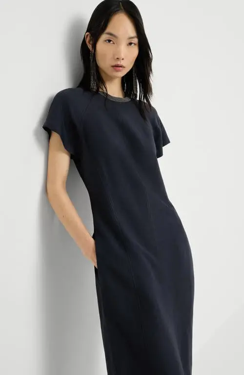 Brunello Cucinelli Viscose And Linen Fluid Twill Dress With Embellished Collar - Blue