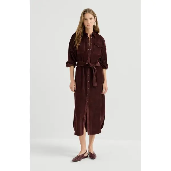 Brunello Cucinelli Fluid Corduroy Shirt Dress - Wine