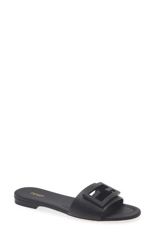 Fendi Baguette Leather Slide Sandal - Nero Black
