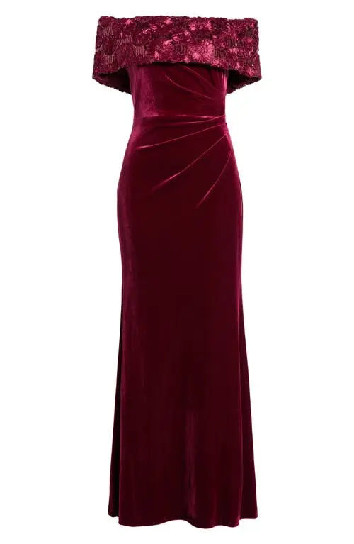 Eliza J Velvet Off The Shoulder Gown - Wine