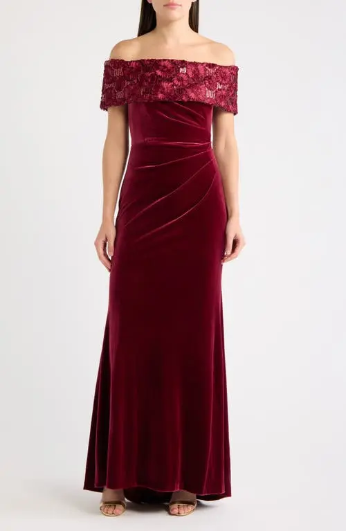 Eliza J Velvet Off-the-shoulder Gown With Floral-stitched Neckline
