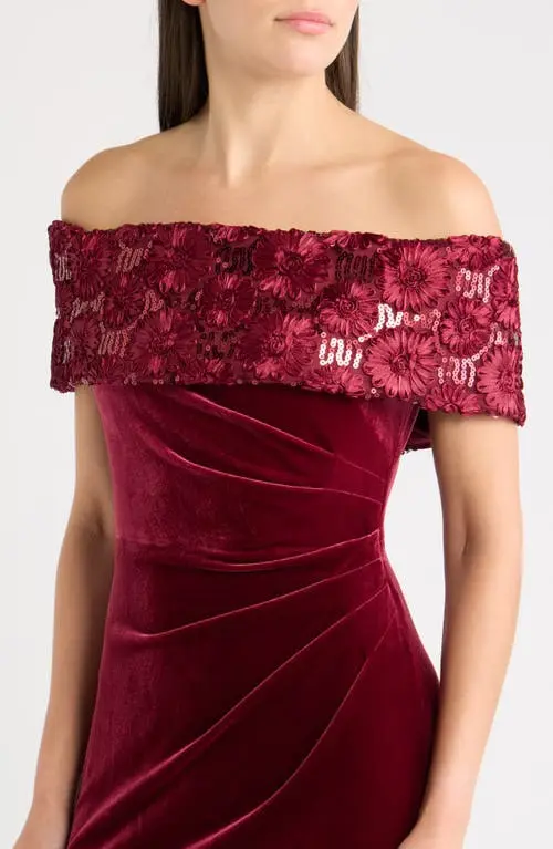 Eliza J Velvet Off-the-shoulder Gown With Floral-stitched Neckline