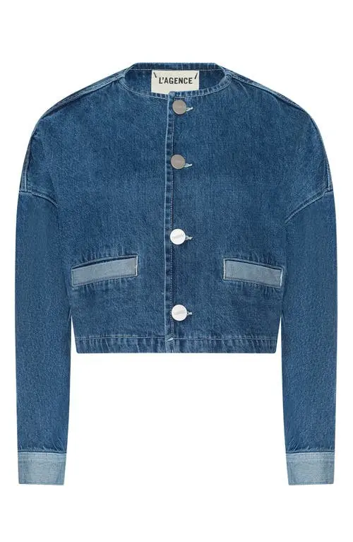 L'Agence Verona Collarless Cropped Denim Jacket