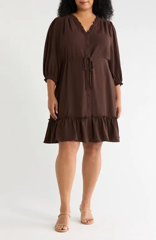 CECE DUPRAZ Ruffled V-neck Button-up Dress - Coffee Bean