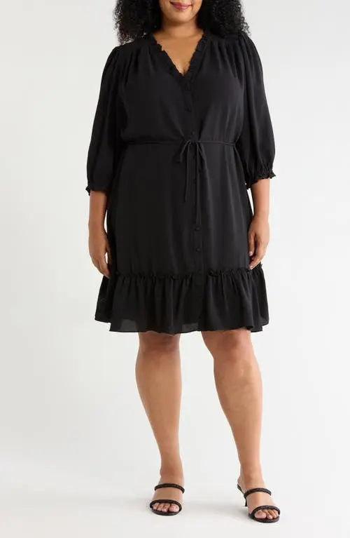 CECE DUPRAZ Ruffled V-neck Button-up Dress - Rich Black