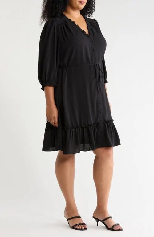 CECE DUPRAZ Ruffled V-neck Button-up Dress - Rich Black