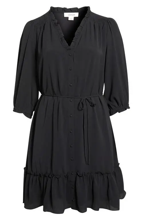 CECE DUPRAZ Ruffled V-neck Button-up Dress - Rich Black