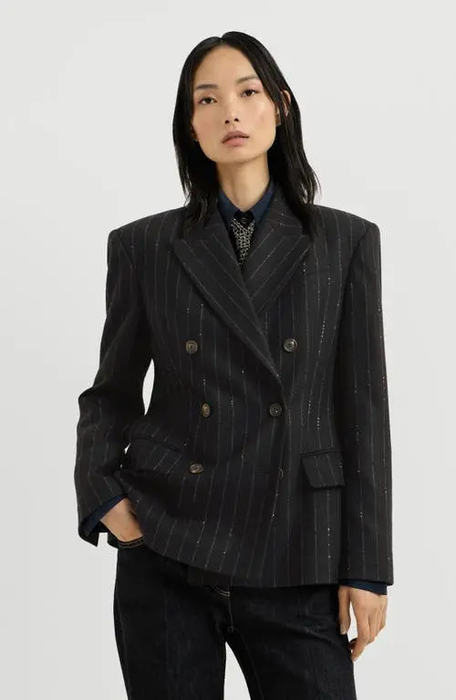 Brunello Cucinelli Comfort Virgin Wool Dazzling Chalk Stripe Blazer With Monili