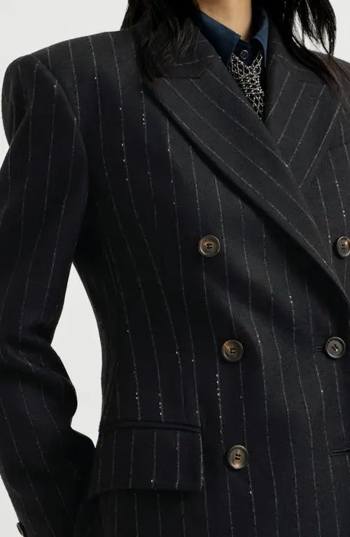 Brunello Cucinelli Comfort Virgin Wool Dazzling Chalk Stripe Blazer With Monili