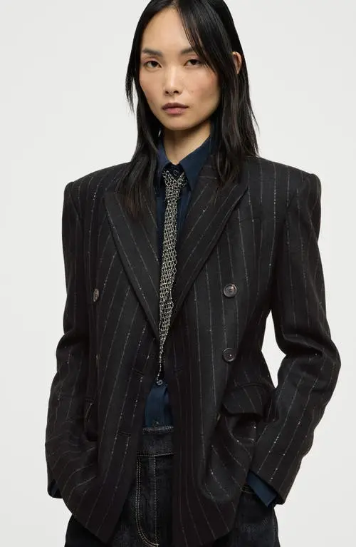 Brunello Cucinelli Comfort Virgin Wool Dazzling Chalk Stripe Blazer With Monili