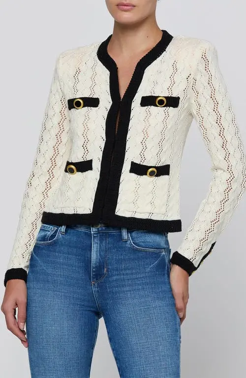 L'Agence Zephyra Pointelle Open Front Cardigan - Ivory/black
