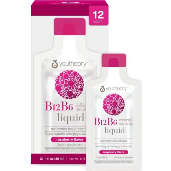 YOUTHEORY B12 B6 Daily Energy And Brain Support Supplement Liquid Raspberry 12 Pack 1oz