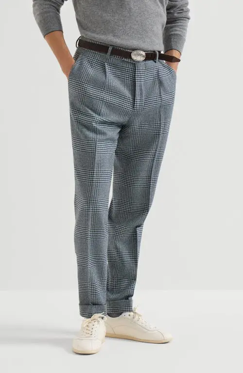 Brunello Cucinelli Wool And Cashmere Prince Of Wales Flannel Trousers - Cerulean
