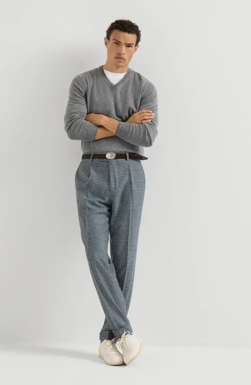 Brunello Cucinelli Wool And Cashmere Prince Of Wales Flannel Trousers - Cerulean