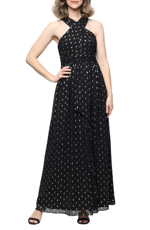 SL FASHIONS Foil Printed Chiffon Halter Maxi Dress