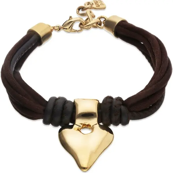 UNODE50 Silk-effect Thread Blend Bracelet With Beige Leather And Heart Detail - Gold