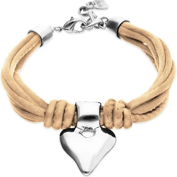 UNODE50 Silk-effect Thread Blend Bracelet With Beige Leather And Heart Detail - Silver