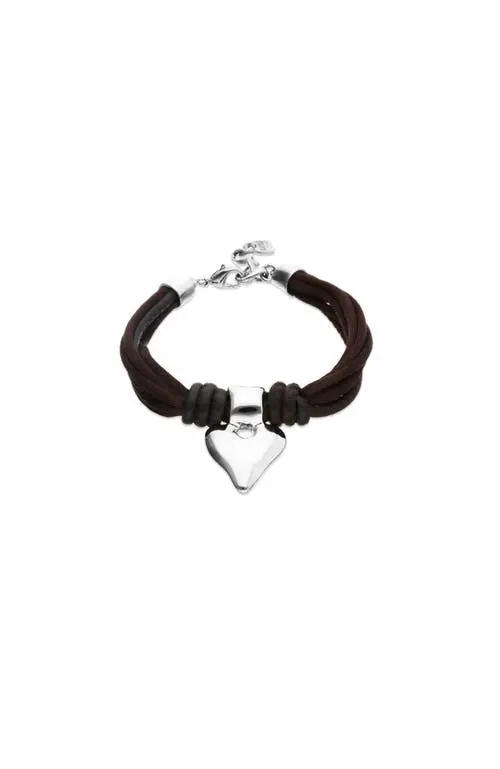 UNODE50 Silk-effect Thread Blend Bracelet With Brown Leather And Heart Detail - Silver