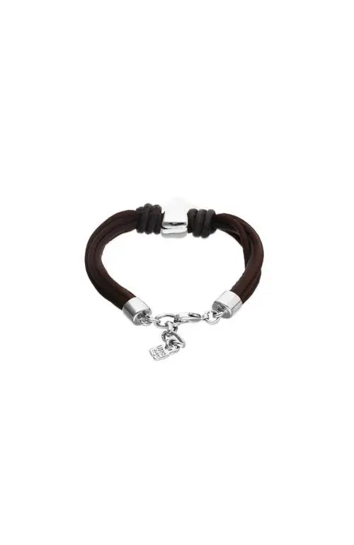 UNODE50 Silk-effect Thread Blend Bracelet With Brown Leather And Heart Detail