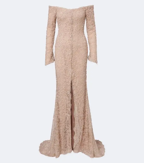 MARMAR HALIM Embellished Off-shoulder Lace Gown